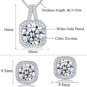 Cubic Zirconia Earrings and Necklace Set for Women 14K White Gold Plated Square Jewelry Set for Women Silver Pendant Necklace Hypoallergenic Stud Earrings Set for Girls Jewellery Gift