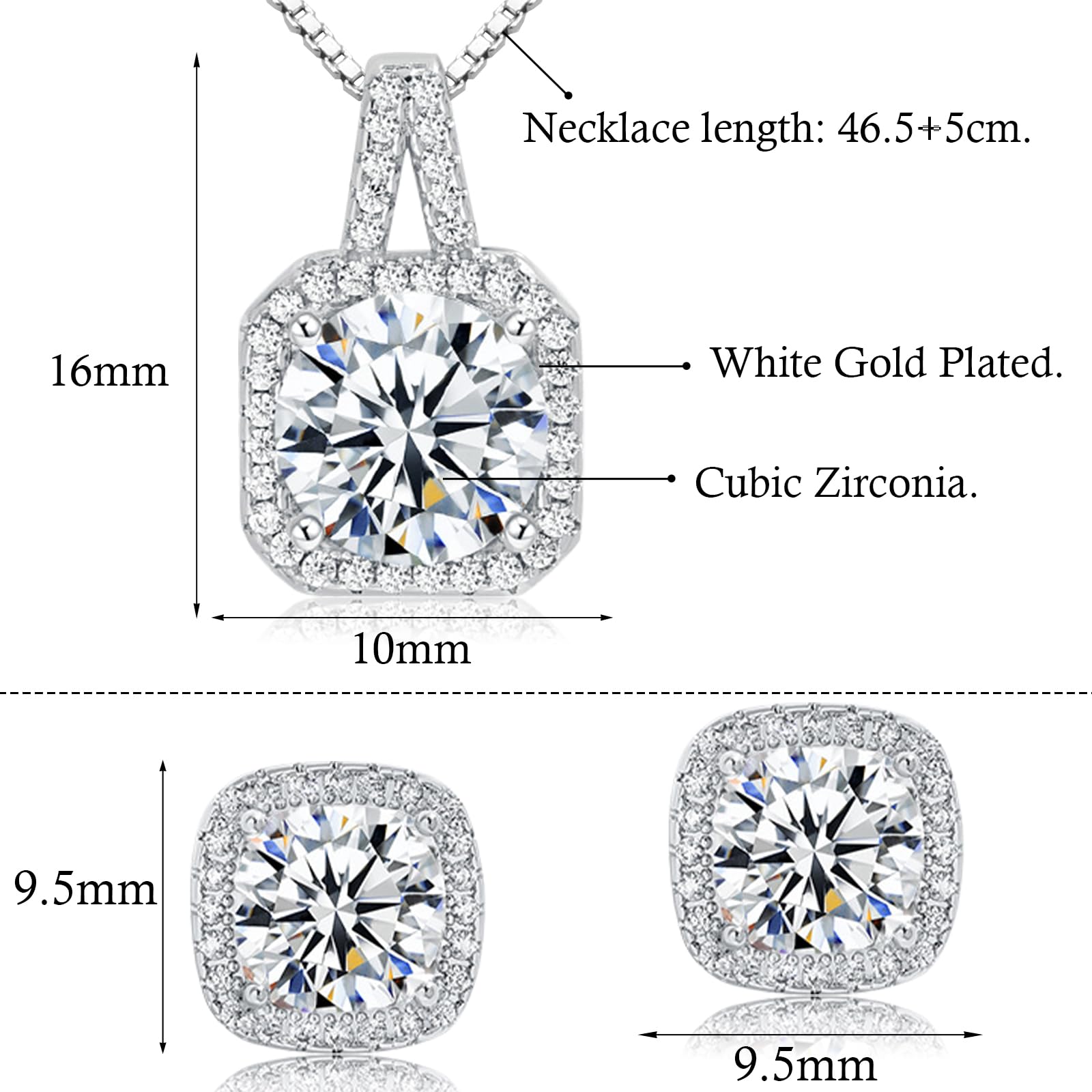 Cubic Zirconia Earrings and Necklace Set for Women 14K White Gold Plated Square Jewelry Set for Women Silver Pendant Necklace Hypoallergenic Stud Earrings Set for Girls Jewellery Gift