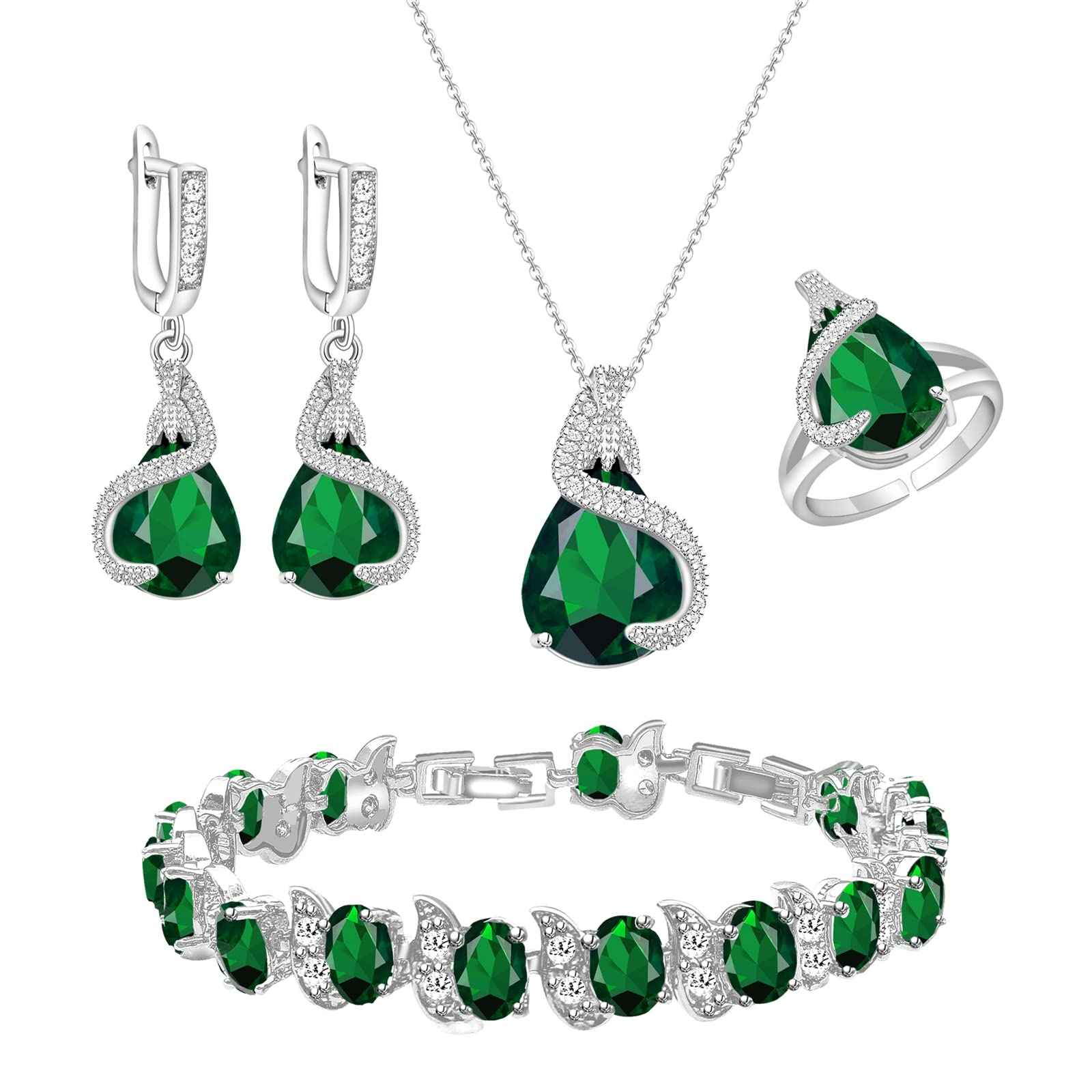 GZWHD Jewelry Set for Women Created Green Emerald Necklace Earrings Open Ring Bracelet