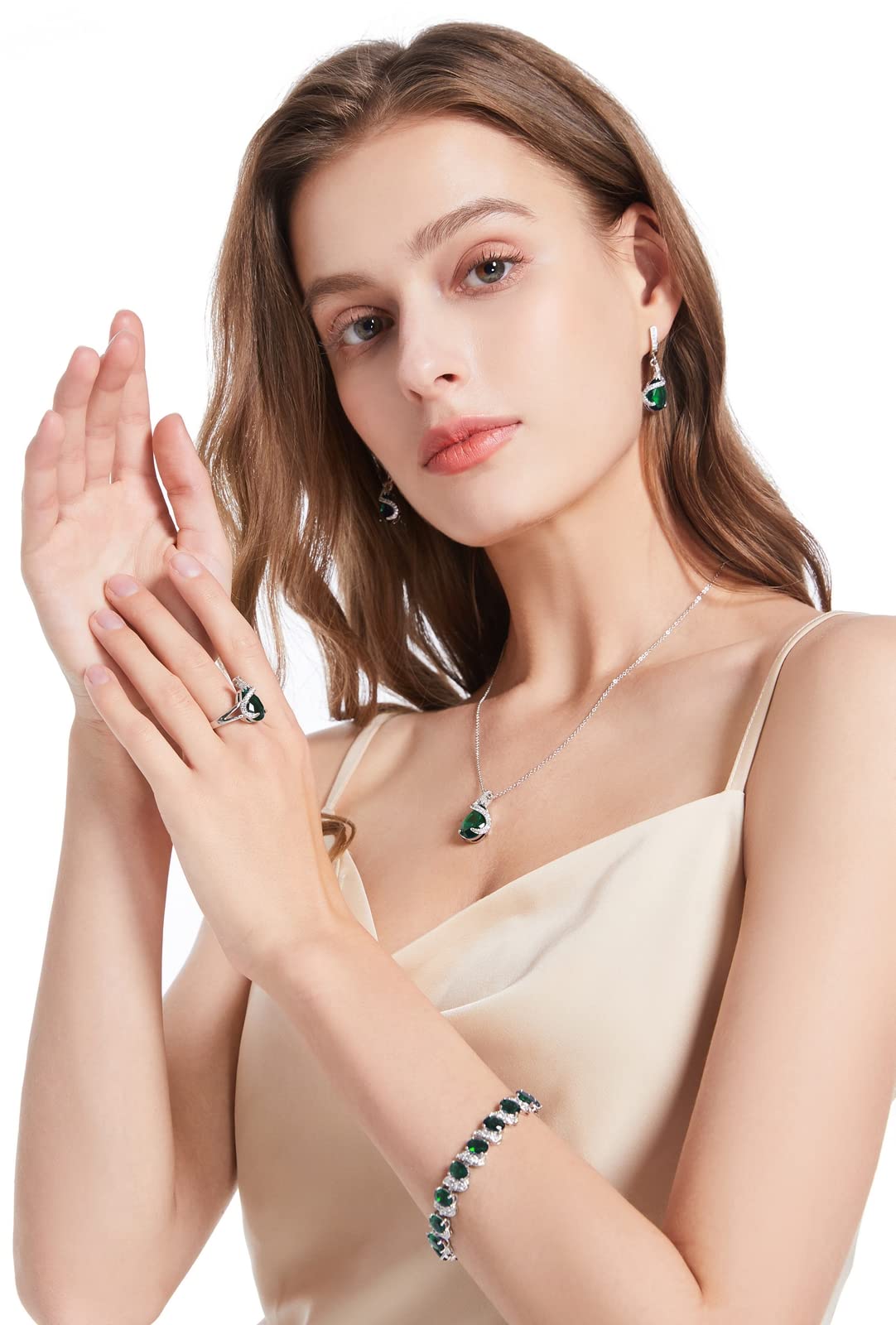 GZWHD Jewelry Set for Women Created Green Emerald Necklace Earrings Open Ring Bracelet