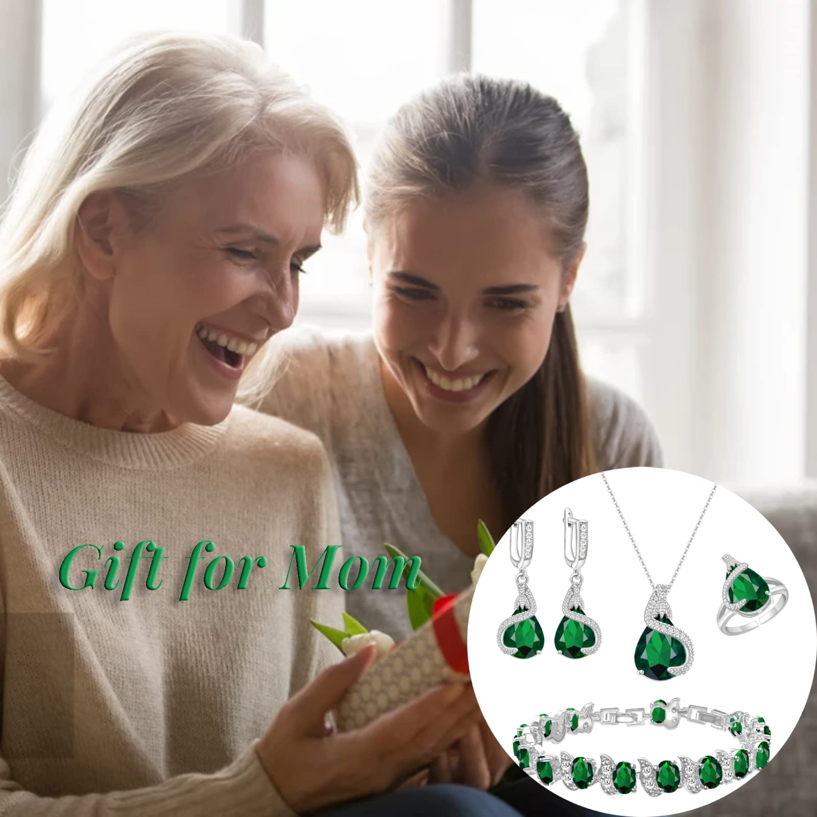 GZWHD Jewelry Set for Women Created Green Emerald Necklace Earrings Open Ring Bracelet