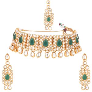 efulgenz kundan necklace set indian kundan jewelry sets for women green indian jewelry kundan crystal choker necklace dangle earrings maang tikka bollywood wedding choker necklace for women