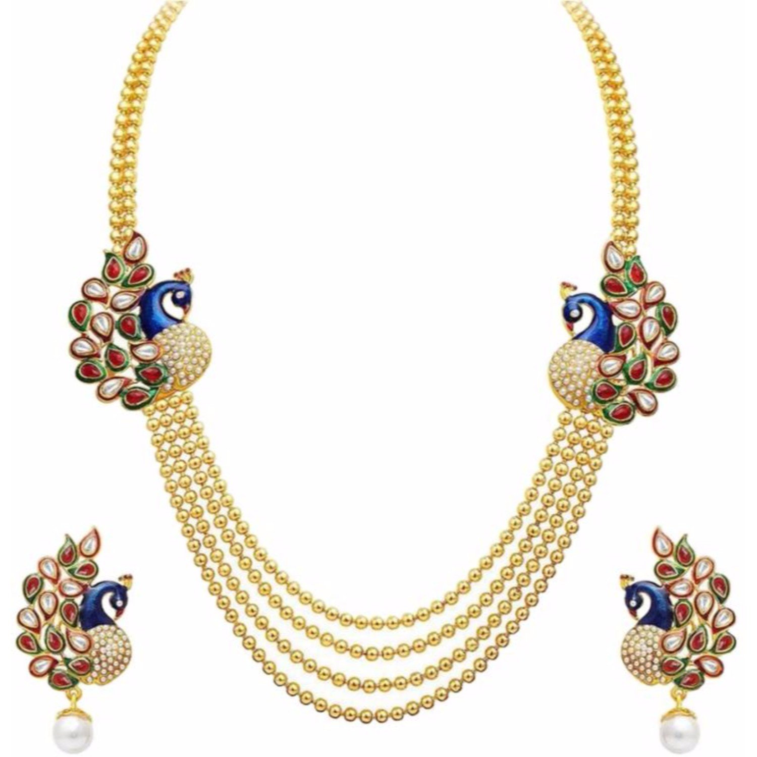 Efulgenz Indian Jewelry Sets for Women Indian Bollywood Multi Layered Traditional Crystal Beaded Wedding Temple Necklace Peacock Earrings Jewelry Set