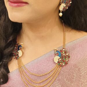 Efulgenz Indian Jewelry Sets for Women Indian Bollywood Multi Layered Traditional Crystal Beaded Wedding Temple Necklace Peacock Earrings Jewelry Set