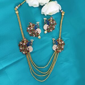 Efulgenz Indian Jewelry Sets for Women Indian Bollywood Multi Layered Traditional Crystal Beaded Wedding Temple Necklace Peacock Earrings Jewelry Set