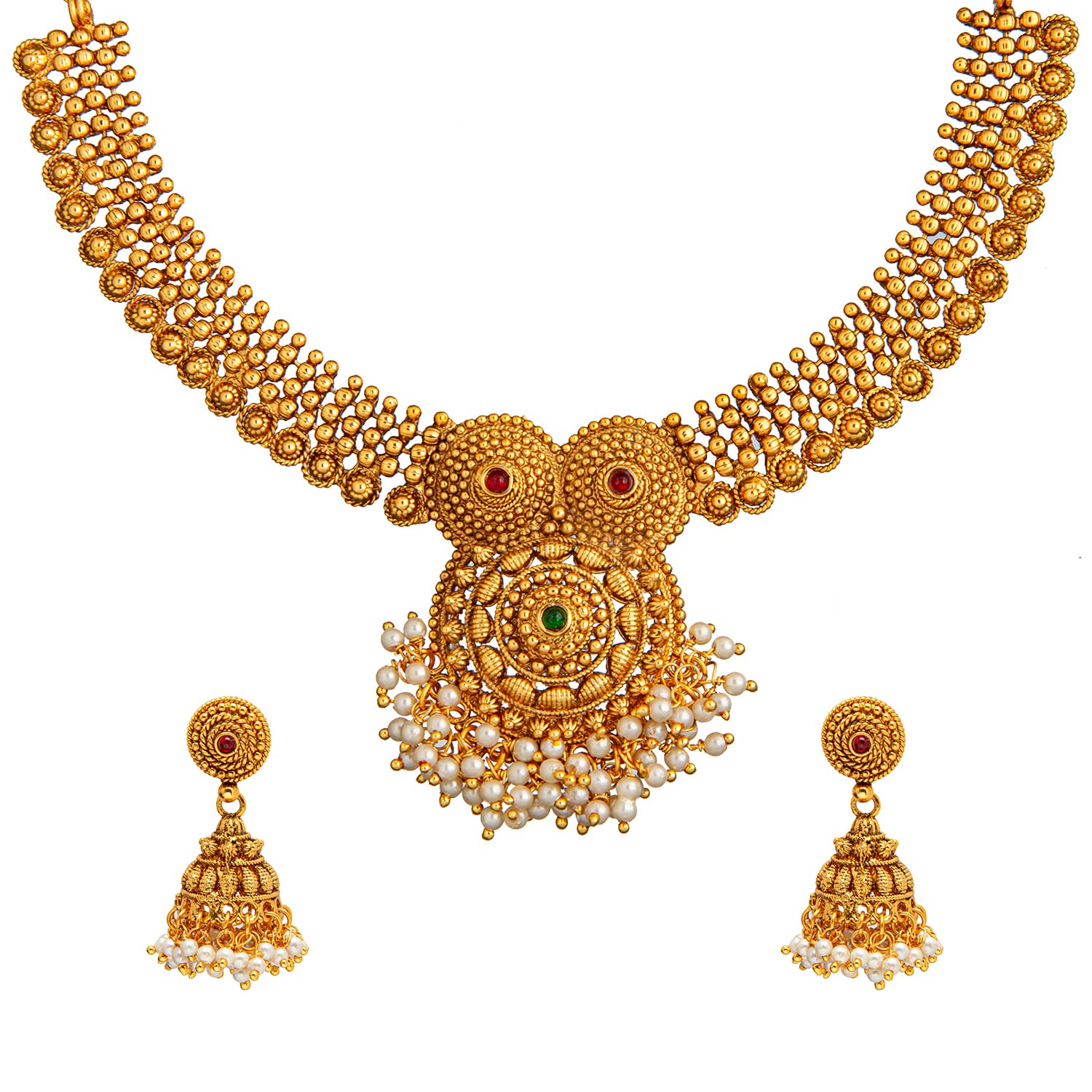 Bodha Traditional Indian Handcrafted Antique Gold Jewellery Clustered Hanging Pearls Necklace Set with Jhumki Earrings for Women & Girls (SJN_77)