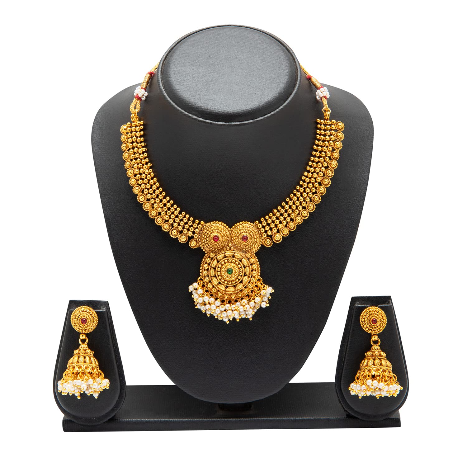 Bodha Traditional Indian Handcrafted Antique Gold Jewellery Clustered Hanging Pearls Necklace Set with Jhumki Earrings for Women & Girls (SJN_77)