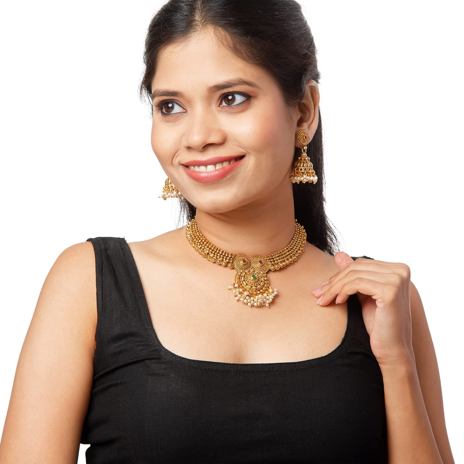 Bodha Traditional Indian Handcrafted Antique Gold Jewellery Clustered Hanging Pearls Necklace Set with Jhumki Earrings for Women & Girls (SJN_77)