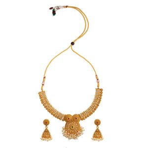 Bodha Traditional Indian Handcrafted Antique Gold Jewellery Clustered Hanging Pearls Necklace Set with Jhumki Earrings for Women & Girls (SJN_77)