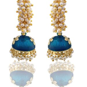 Moonstruck Golden Meenakari Jhumkas With White Pearls For Women (Blue)