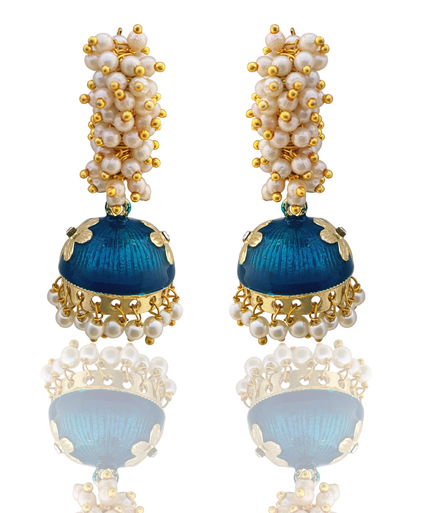 Moonstruck Golden Meenakari Jhumkas With White Pearls For Women (Blue)