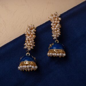 Moonstruck Golden Meenakari Jhumkas With White Pearls For Women (Blue)