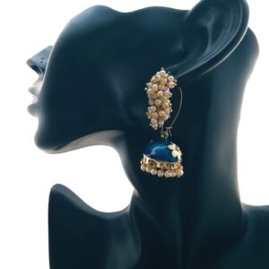 Moonstruck Golden Meenakari Jhumkas With White Pearls For Women (Blue)