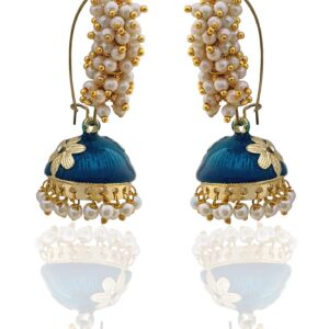 Moonstruck Golden Meenakari Jhumkas With White Pearls For Women (Blue)