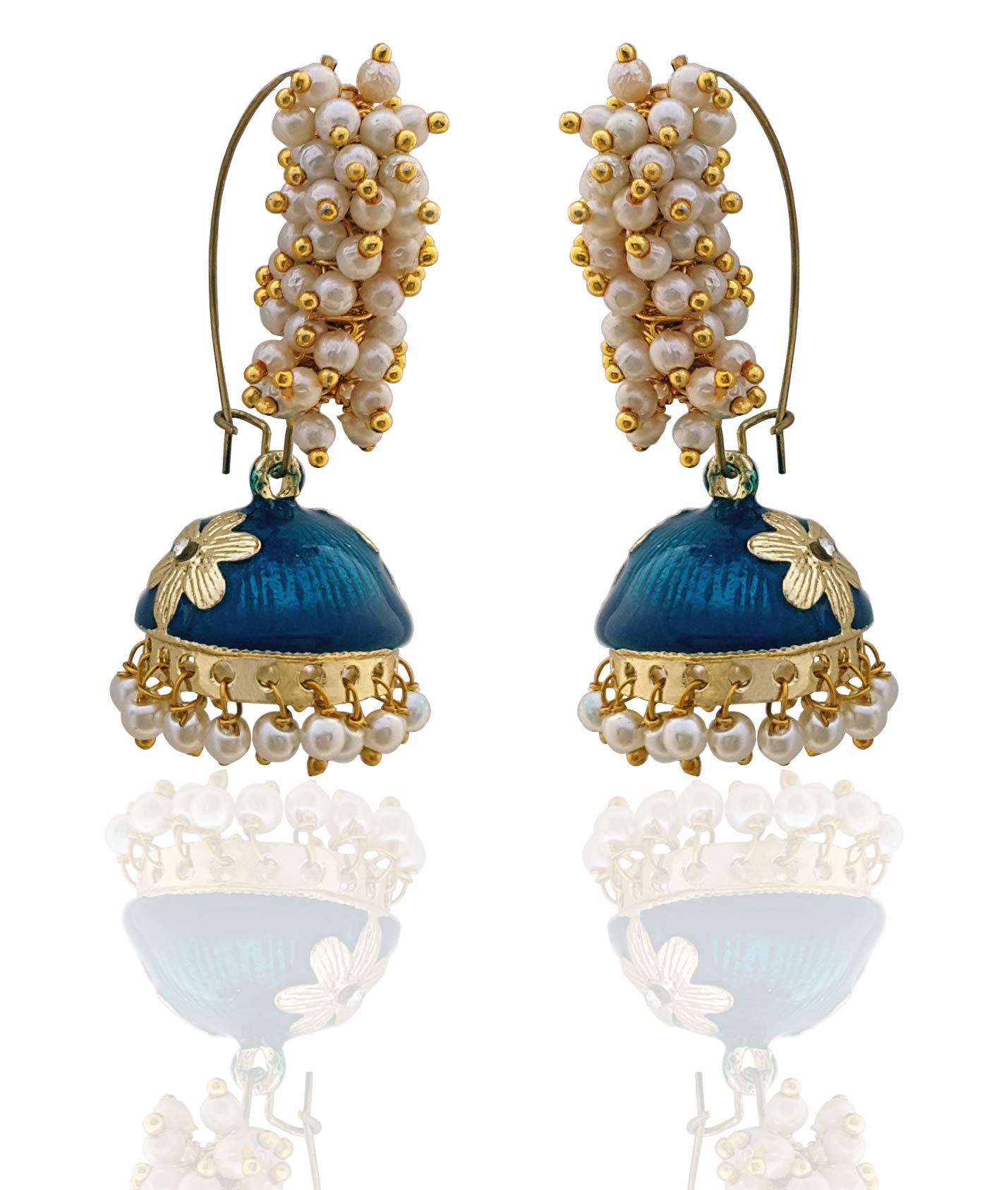 Moonstruck Golden Meenakari Jhumkas With White Pearls For Women (Blue)