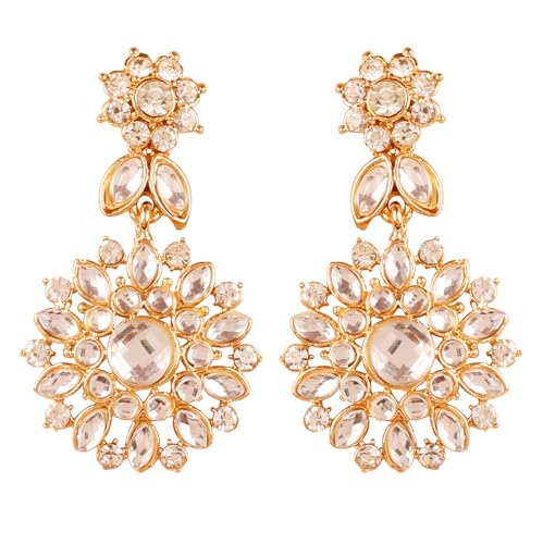 Touchstone"Contemporary Kundan Collection" Indian Bollywood Mughal Inspired Kundan Polki Look Rhinestone Designer Jewelry Long Earrings Gold Tone For Women.