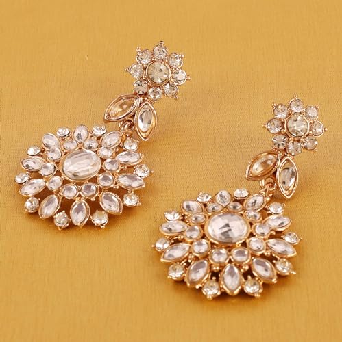 Touchstone"Contemporary Kundan Collection" Indian Bollywood Mughal Inspired Kundan Polki Look Rhinestone Designer Jewelry Long Earrings Gold Tone For Women.