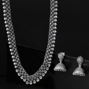 Yellow Chimes Antique Silver Oxidized Ethnic Indian Traditional Kolhapuri Long Necklace Set with Jhumka Earrings Fashion Jewelry for Women