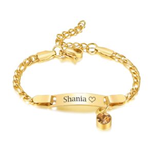 mealguet custom birthstone child bracelet : gold plated stainless steel personalized name bar name id bracelet for children toddler girls from mom grandma, birthstone jewelry gift,nickel free