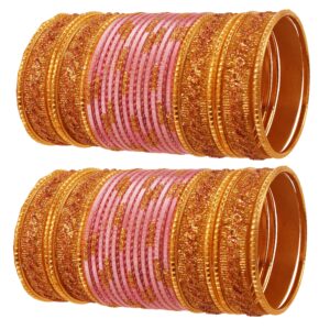 touchstone indian bollywood glamorous fashion wrist enhancing shimmering golden glitters textured peach color designer jewelry bracelets bangle chura. set of 48 in gold tone for women.