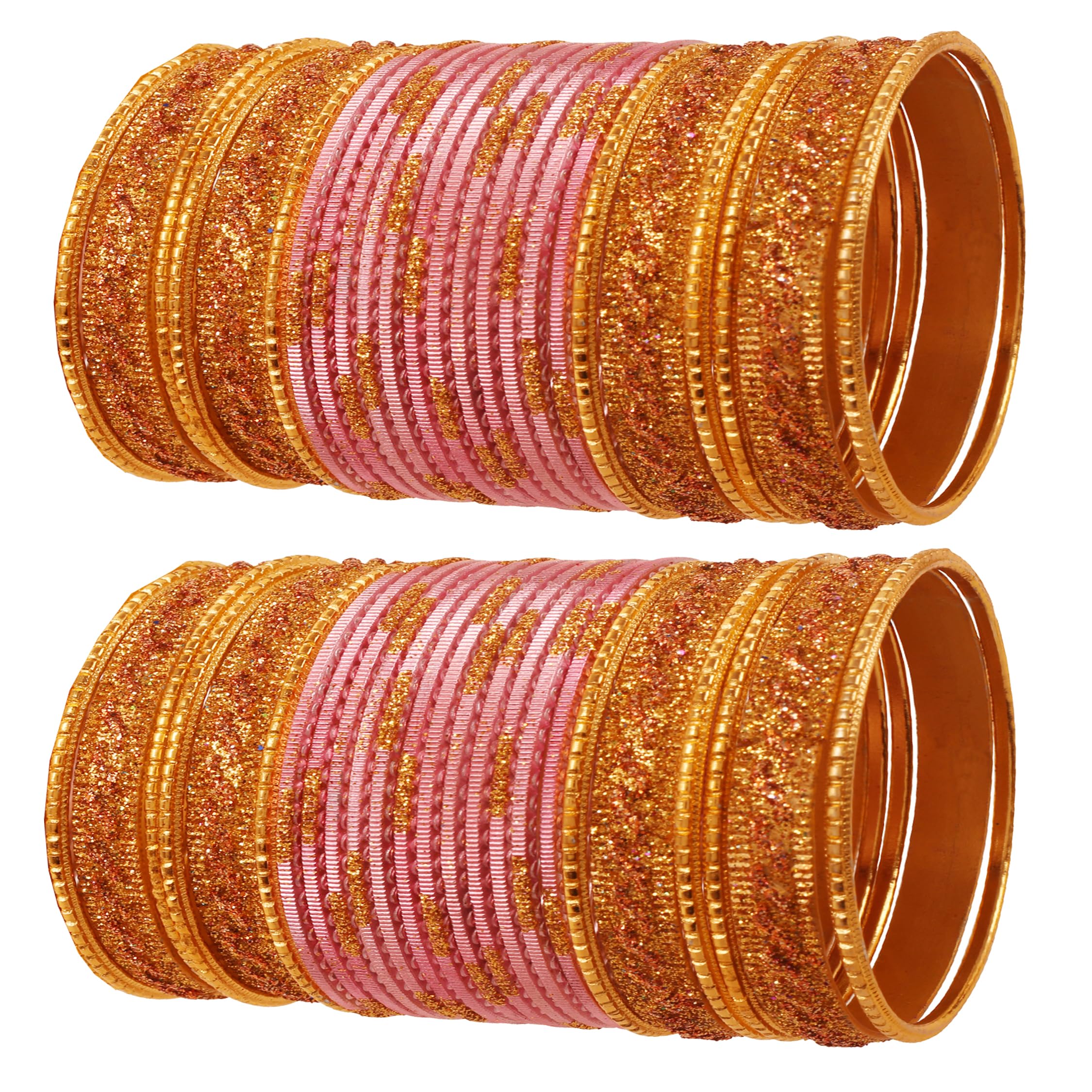 Touchstone Indian Bollywood Glamorous Fashion Wrist Enhancing Shimmering Golden Glitters Textured Peach Color Designer Jewelry Bracelets Bangle Chura. Set of 48 in Gold Tone for Women.