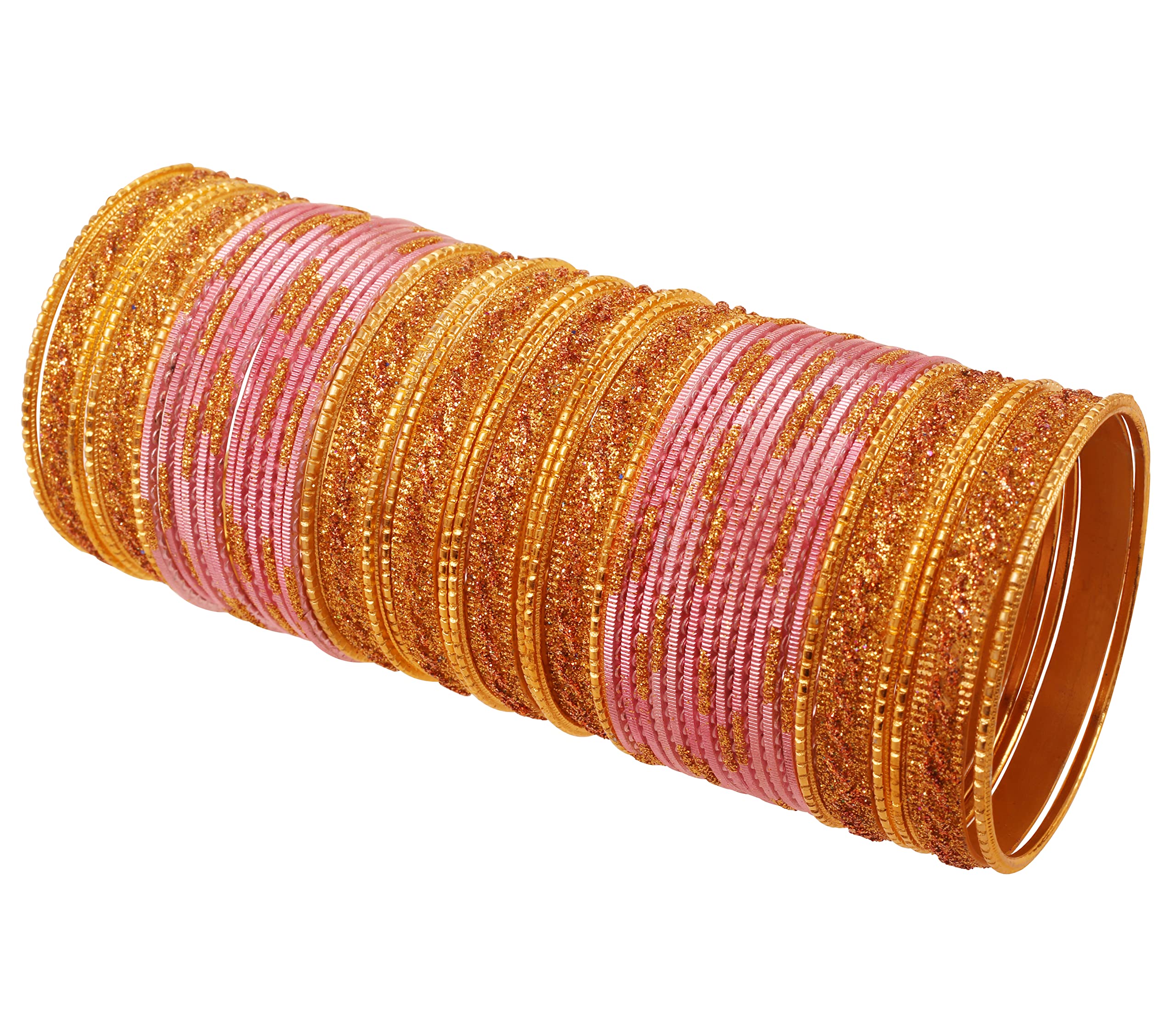 Touchstone Indian Bollywood Glamorous Fashion Wrist Enhancing Shimmering Golden Glitters Textured Peach Color Designer Jewelry Bracelets Bangle Chura. Set of 48 in Gold Tone for Women.