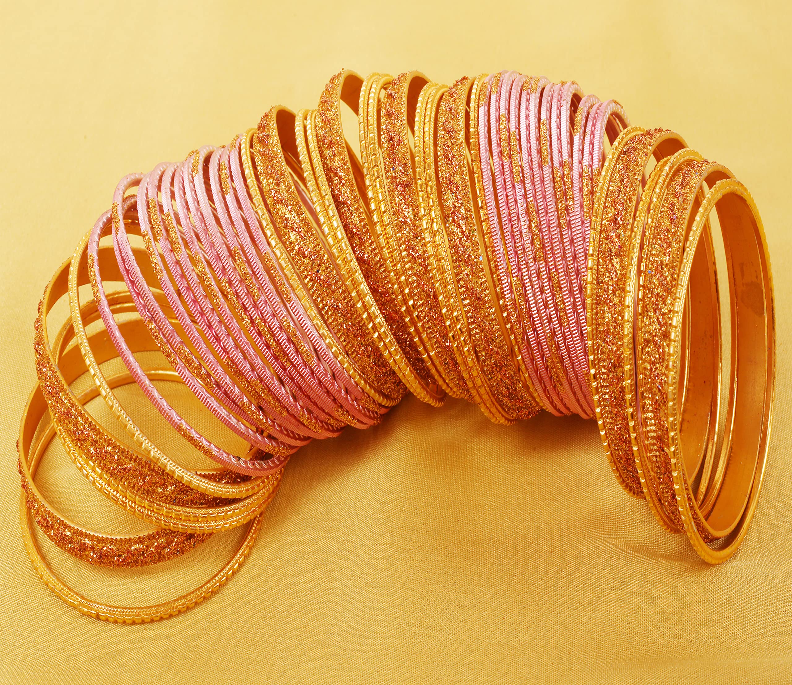 Touchstone Indian Bollywood Glamorous Fashion Wrist Enhancing Shimmering Golden Glitters Textured Peach Color Designer Jewelry Bracelets Bangle Chura. Set of 48 in Gold Tone for Women.