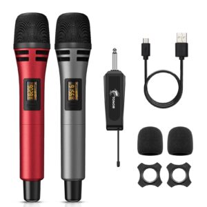 tonor wireless microphones, uhf dual karaoke microphone system, microfonos inalambricos with rechargeable receiver, cordless dynamic mic micro set for singing, wedding, dj, party, speech tw320 red