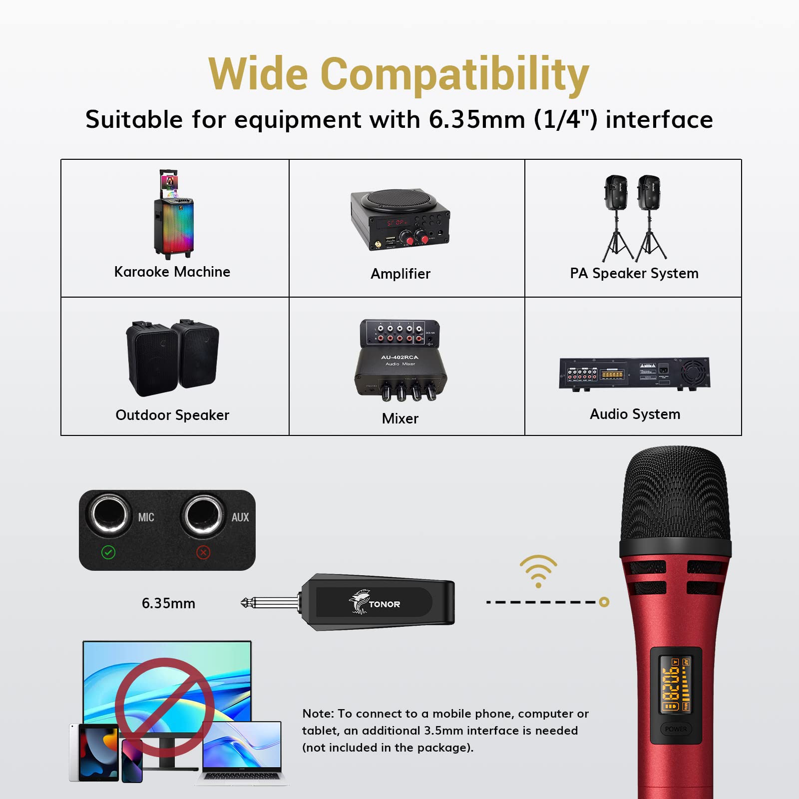 TONOR Wireless Microphones, UHF Dual Karaoke Microphone System, Microfonos Inalambricos with Rechargeable Receiver, Cordless Dynamic Mic Micro Set for Singing, Wedding, DJ, Party, Speech TW320 Red