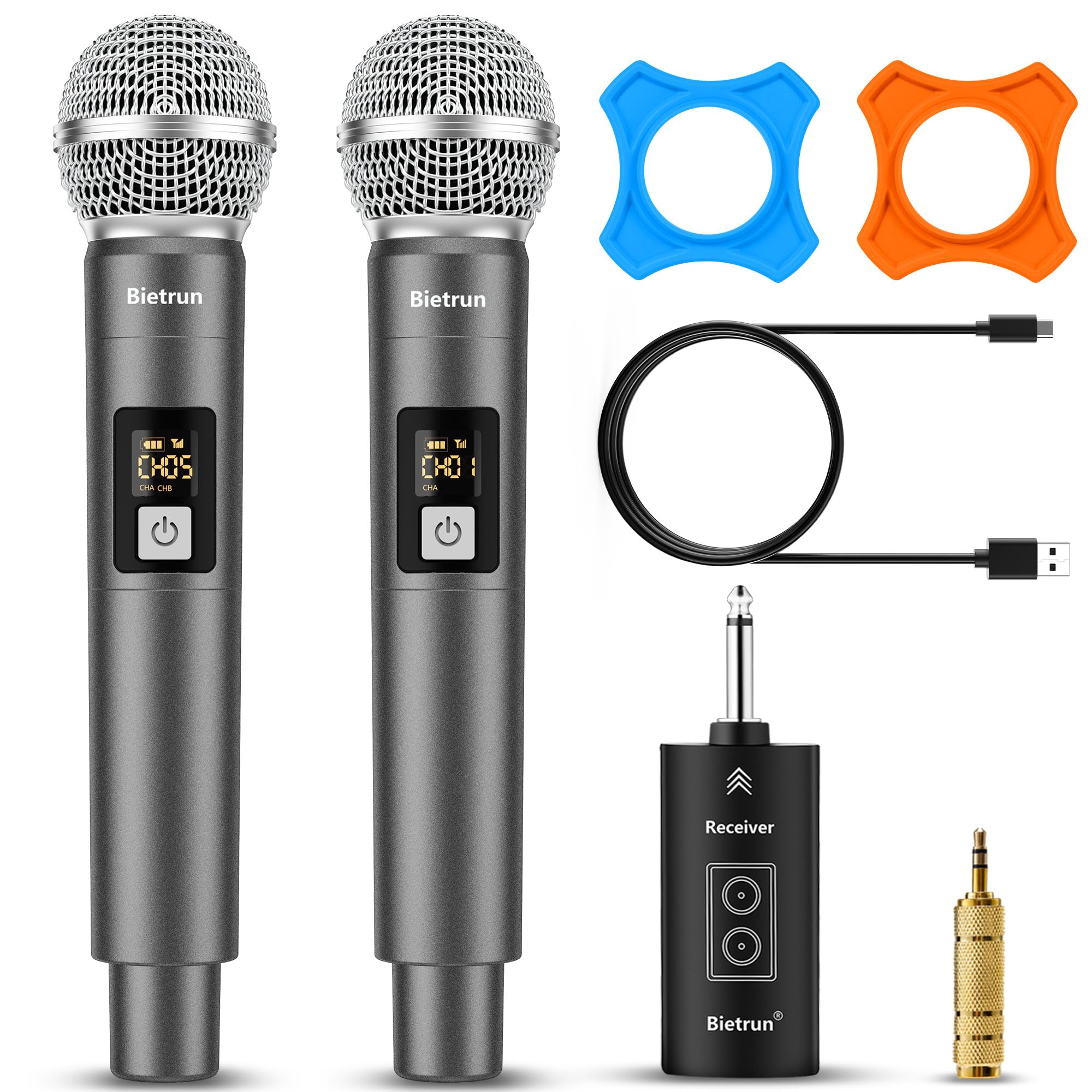 Wireless Microphone,Plug&Play Microphone for Singing,Karaoke,Dual Cordless Dynamic Handheld Wireless Mic with Rechargeable Receiver for 1/4'',1/8'',Clear Sound for Adult,Wedding,Party,Church,UHF 98FT