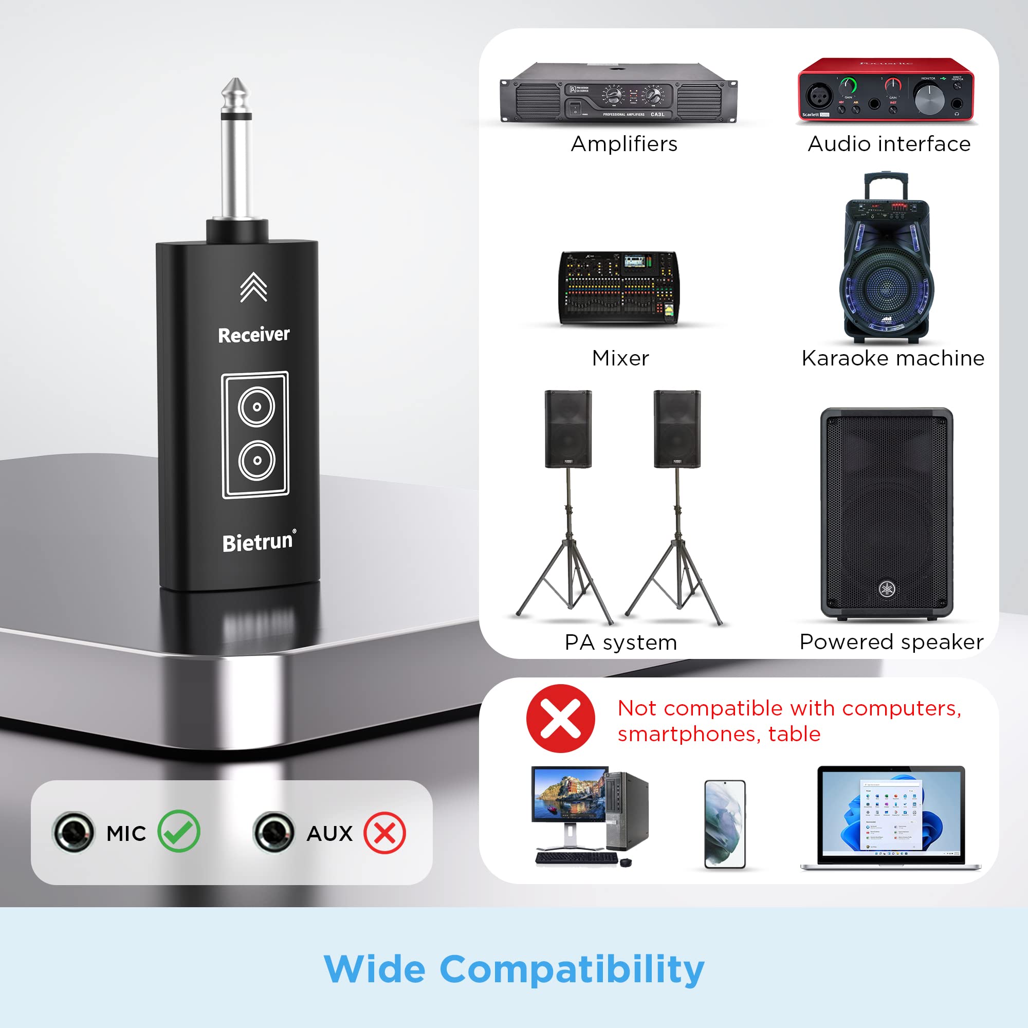 Wireless Microphone,Plug&Play Microphone for Singing,Karaoke,Dual Cordless Dynamic Handheld Wireless Mic with Rechargeable Receiver for 1/4'',1/8'',Clear Sound for Adult,Wedding,Party,Church,UHF 98FT