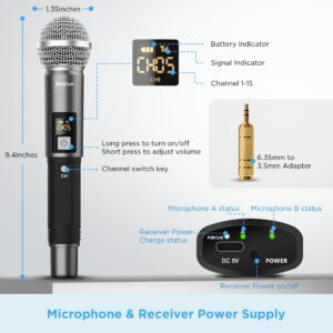 Wireless Microphone,Plug&Play Microphone for Singing,Karaoke,Dual Cordless Dynamic Handheld Wireless Mic with Rechargeable Receiver for 1/4'',1/8'',Clear Sound for Adult,Wedding,Party,Church,UHF 98FT