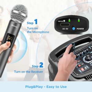 Wireless Microphone,Plug&Play Microphone for Singing,Karaoke,Dual Cordless Dynamic Handheld Wireless Mic with Rechargeable Receiver for 1/4'',1/8'',Clear Sound for Adult,Wedding,Party,Church,UHF 98FT