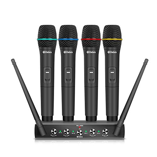 Debra Audio Pro UHF 4 Channel Wireless Microphone System with Cordless Handheld Lavalier Headset Mics, Metal Receiver, Ideal for Karaoke Church Party (with 4 Handheld (A))