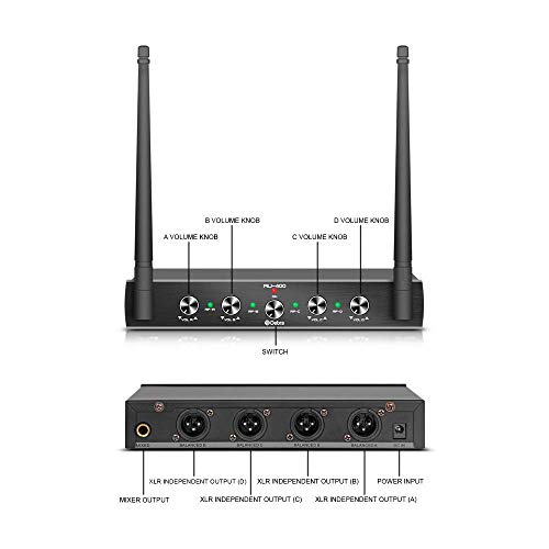 Debra Audio Pro UHF 4 Channel Wireless Microphone System with Cordless Handheld Lavalier Headset Mics, Metal Receiver, Ideal for Karaoke Church Party (with 4 Handheld (A))