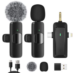 hmkch wireless lavalier microphone for iphone - android phone/camera/computer/laptop, professional dual lapel mic with usb-c/3.5mm/usb plug for video recording, vlog, youtube, tiktok