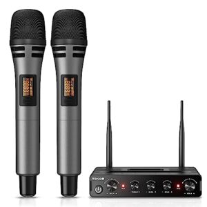 tonor wireless microphone systems, dual uhf cordless karaoke microphone set, handheld dynamic microfono for singing with receiver for home karaoke, party, church, dj, wedding, speech 200ft tw350 grey