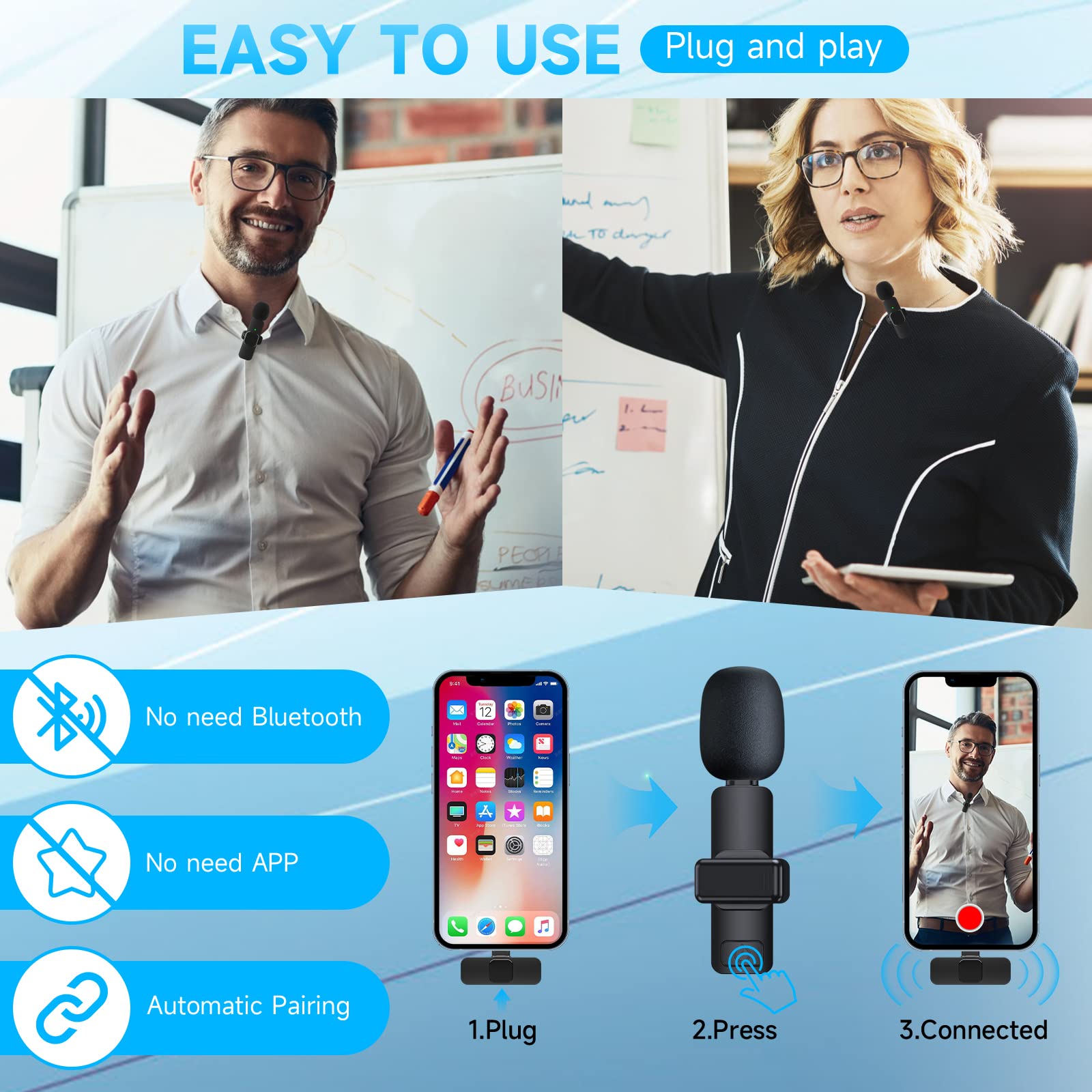 PQRQP Wireless Mini Microphone, Omnidirectional Lavalier Microphone for iPhone iPad, Professional Microphone for Video Recording, YouTube, Vlog, TikTok