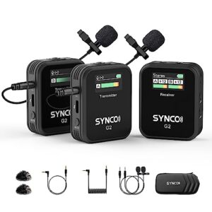 synco wireless lavalier microphone, g2(a2) 2.4g dual transmitter 48khz 24bit lapel mic 656ft 8h for online class vlog stream youtube for camera smartphone tablet