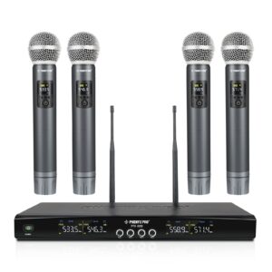 phenyx pro wireless microphone system, metal wireless mic set with 4 cordless mics, 4x25 uhf adjustable frequencies, 200ft range, dynamic microphones for singing, karaoke, church, dj (ptu-5200-4h)