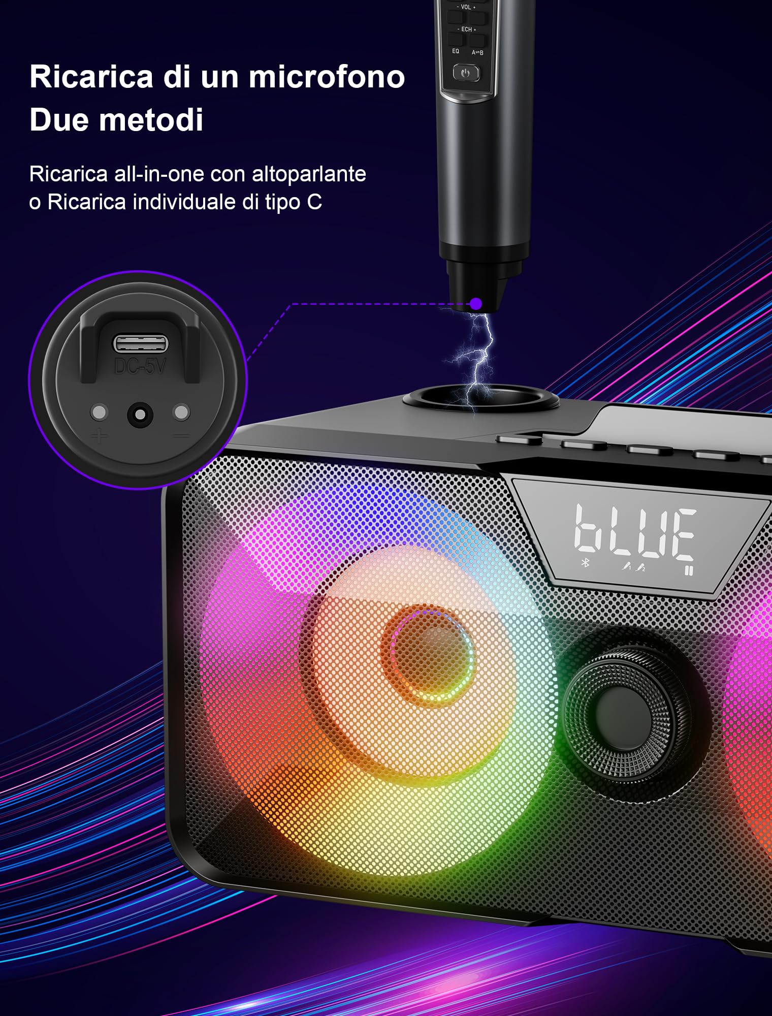 Karaoke Machine for Adults Kids with 2 UHF Wireless Microphones,Portable Bluetooth Singing PA Speaker System with LED Lights for Home Party,Outdoor/Indoor/Wedding,Church,Picnic,Birthday Gifts.