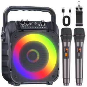 karaoke machine with two wireless microphones, portable karaoke machine for adults & kids, portable bluetooth speaker with pa system, led lights, supports tf card/usb, aux in, fm, usb,tws (black)…