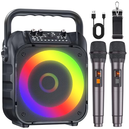 Karaoke Machine with Two Wireless Microphones, Portable Karaoke Machine for Adults & Kids, Portable Bluetooth Speaker with PA System, LED Lights, Supports TF Card/USB, AUX in, FM, USB,TWS (Black)…