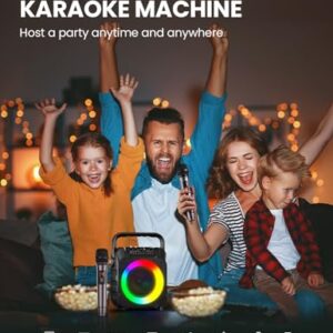 Karaoke Machine with Two Wireless Microphones, Portable Karaoke Machine for Adults & Kids, Portable Bluetooth Speaker with PA System, LED Lights, Supports TF Card/USB, AUX in, FM, USB,TWS (Black)…