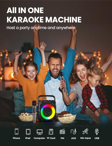 Karaoke Machine with Two Wireless Microphones, Portable Karaoke Machine for Adults & Kids, Portable Bluetooth Speaker with PA System, LED Lights, Supports TF Card/USB, AUX in, FM, USB,TWS (Black)…