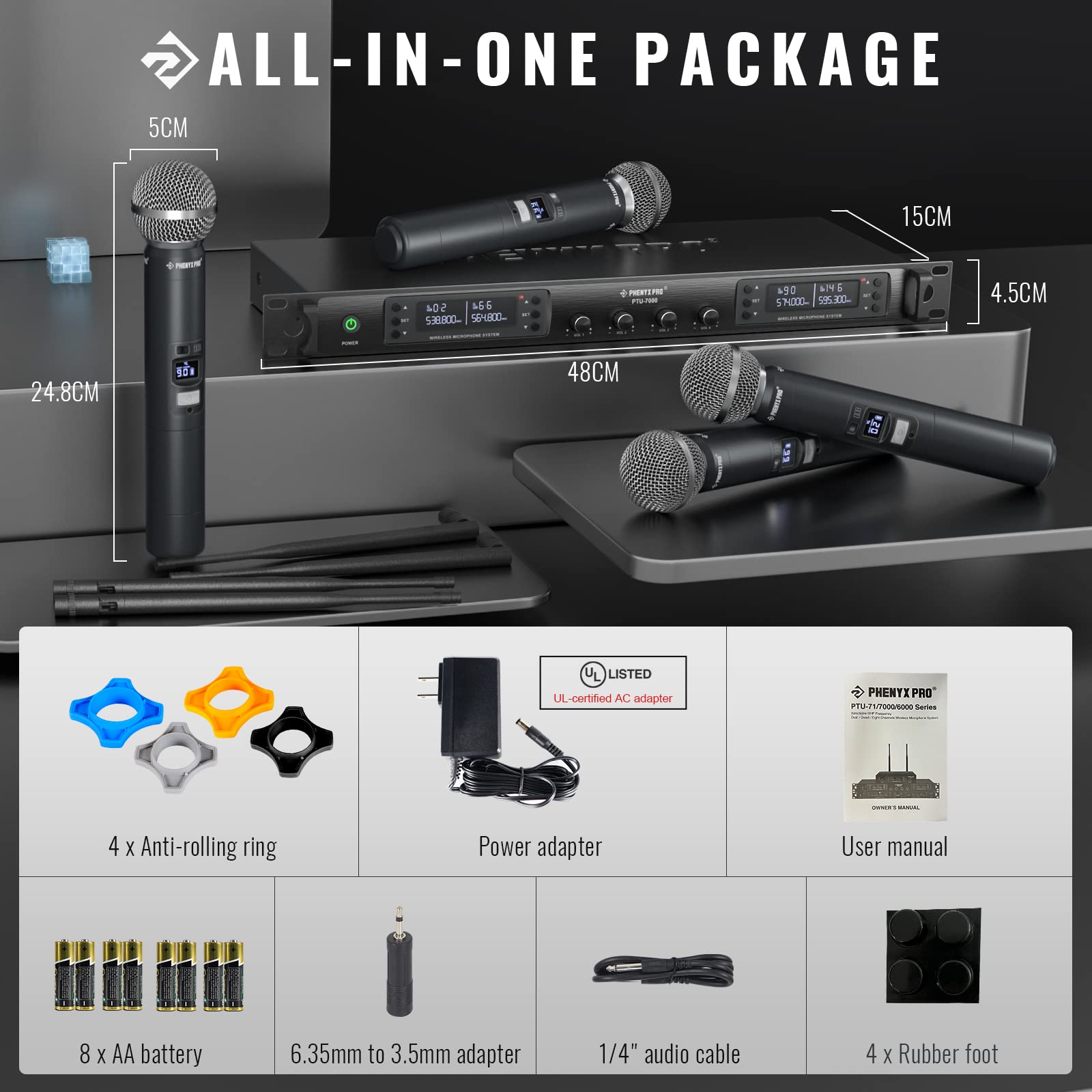 Phenyx Pro Wireless Microphone System, Quad Channel Wireless Mic, w/ 4x40 Channels, 4 Handheld Dynamic Microphones,Auto Scan, Long Distance 328ft, Microphone for Singing, Church, Karaoke (PTU-7000A)