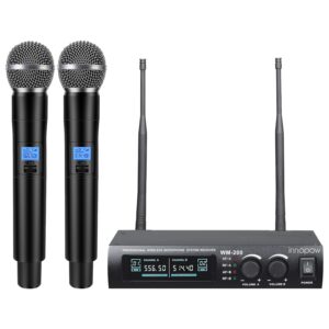 innopow wireless microphone system, dual uhf metal cordless mic set, long distance 150-200ft,16 hours continuous, fixed frequency, use for karaoke singing, family party,church (ch.01&02)