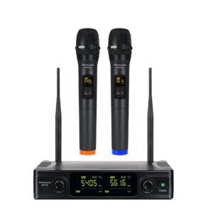 whitesand uhf wireless microphone system, dual wireless mic set w/ 2 handheld dynamic microphones, 2x30 frequencies, color coded microphone for singing, home karaoke, dj, church, wedding (wsm-300)