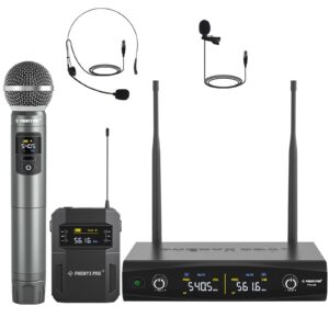 phenyx pro wireless microphone system,metal wireless mic set with handheld microphone/bodypack/headset/lapel mics,2 x 30 uhf frequencies, cordless mic for singing, karaoke, church, dj(ptu-52-1h1b)