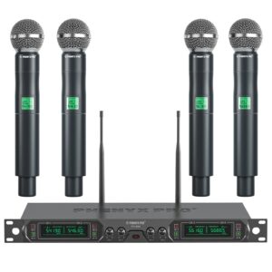 phenyx pro wireless microphone system, 4-channel uhf wireless mic, fixed frequency metal cordless mic with 4 handheld dynamic microphones, 260ft range, microphone for singing,church(ptu-5000-4h)